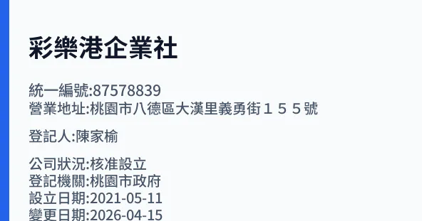 彩樂港企業社的照片-統編 87578839(桃園市) 公司登記資料與營業項目詳細圖表