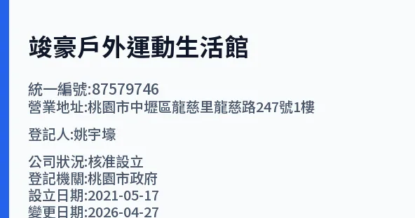 竣豪戶外運動生活館的照片-統編 87579746(桃園市) 公司登記資料與營業項目詳細圖表