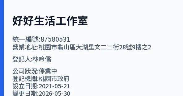 好好生活工作室的照片-統編 87580531(桃園市) 公司登記資料與營業項目詳細圖表