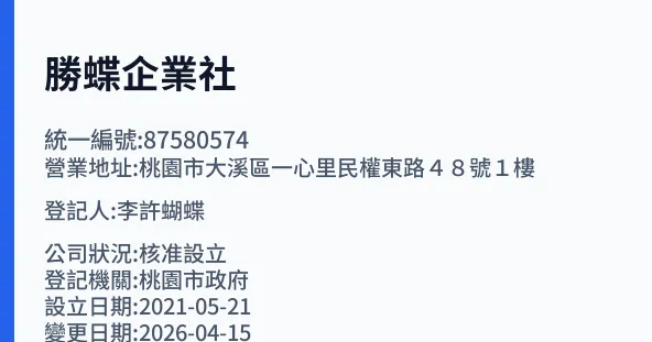勝蝶企業社的照片-統編 87580574(桃園市) 公司登記資料與營業項目詳細圖表