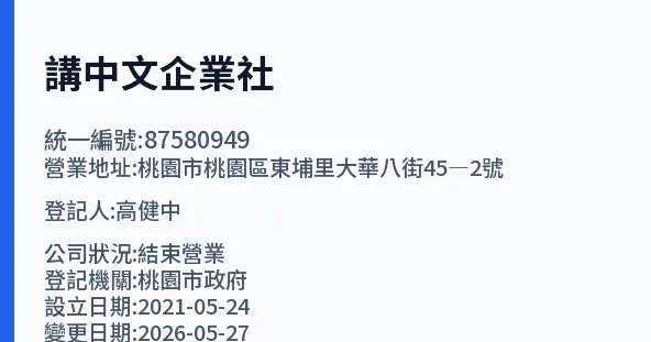講中文企業社的照片-統編 87580949(桃園市) 公司登記資料與營業項目詳細圖表