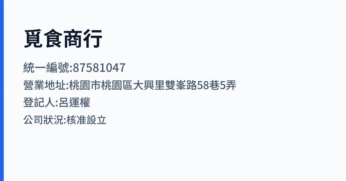 覓食商行 - 統編 87581047(桃園市) 公司登記資料與營業項目詳細圖表