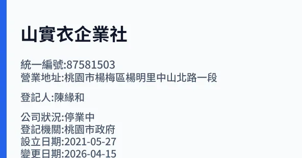 山實衣企業社的照片-統編 87581503(桃園市) 公司登記資料與營業項目詳細圖表