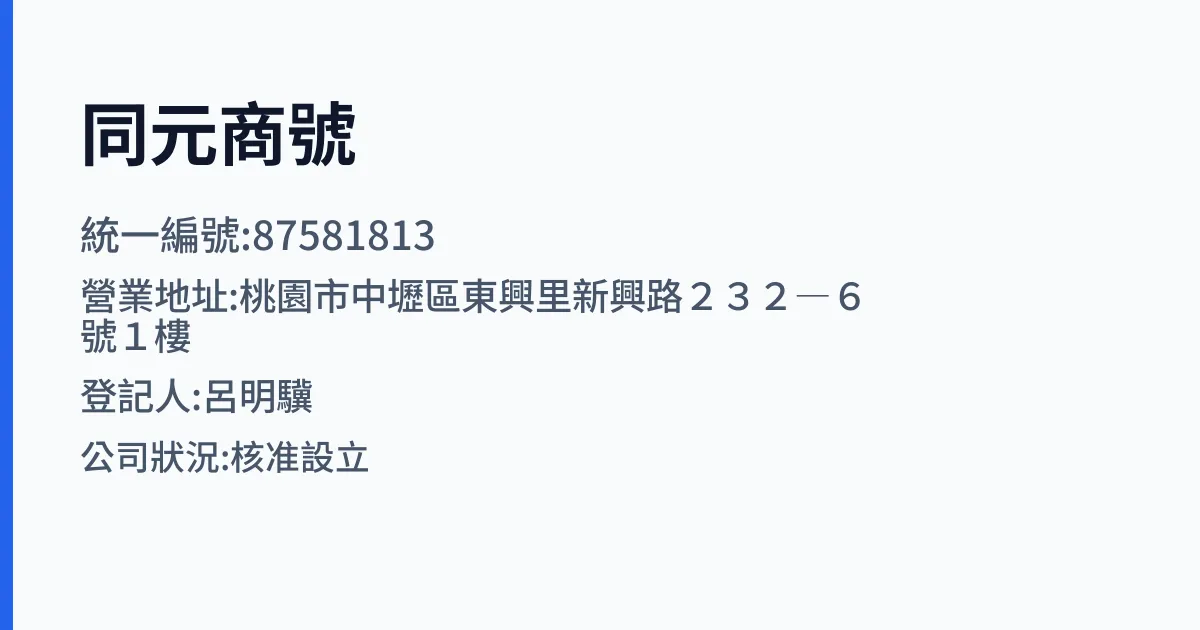 同元商號 - 統編 87581813(桃園市) 公司登記資料與營業項目詳細圖表