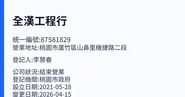 全漢工程行的照片-統編 87581829(桃園市) 公司登記資料與營業項目詳細圖表