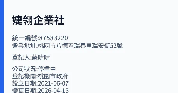 婕翎企業社的照片-統編 87583220(桃園市) 公司登記資料與營業項目詳細圖表