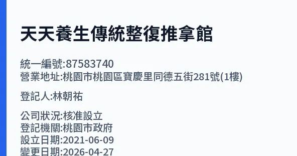 天天養生傳統整復推拿館的照片-統編 87583740(桃園市) 公司登記資料與營業項目詳細圖表
