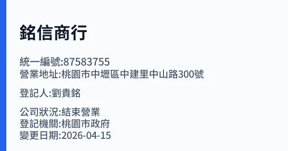 銘信商行的照片-統編 87583755(桃園市) 公司登記資料與營業項目詳細圖表