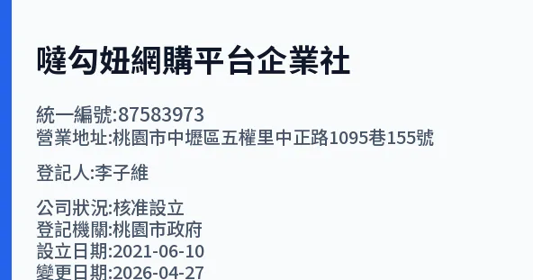 噠勾妞網購平台企業社的照片-統編 87583973(桃園市) 公司登記資料與營業項目詳細圖表
