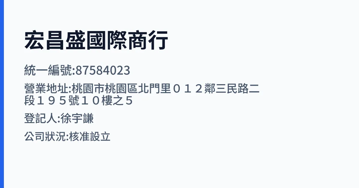宏昌盛國際商行 - 統編 87584023(桃園市) 公司登記資料與營業項目詳細圖表