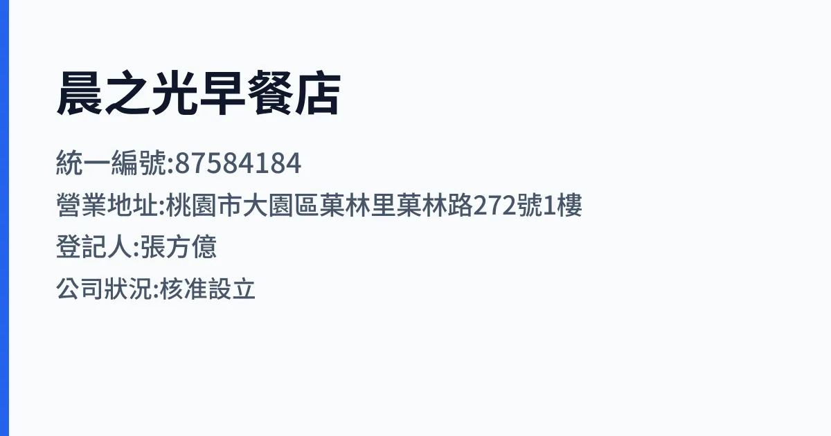 晨之光早餐店 - 統編 87584184(桃園市) 公司登記資料與營業項目詳細圖表