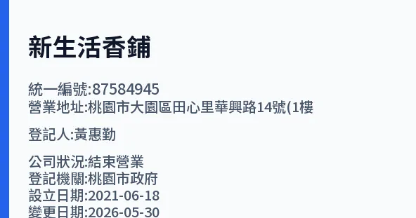 新生活香鋪的照片-統編 87584945(桃園市) 公司登記資料與營業項目詳細圖表