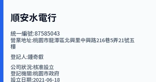 順安水電行的照片-統編 87585043(桃園市) 公司登記資料與營業項目詳細圖表