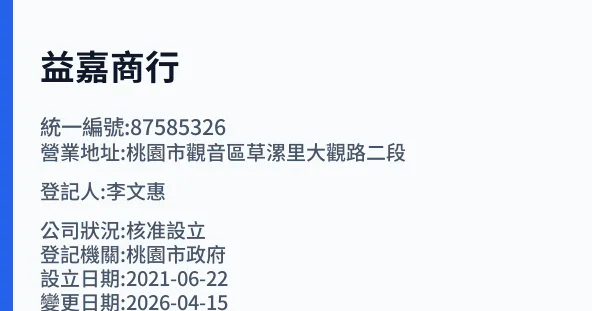 益嘉商行的照片-統編 87585326(桃園市) 公司登記資料與營業項目詳細圖表