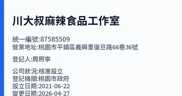 川大叔麻辣食品工作室的照片-統編 87585509(桃園市) 公司登記資料與營業項目詳細圖表
