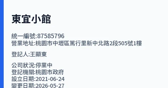 東宜小館的照片-統編 87585796(桃園市) 公司登記資料與營業項目詳細圖表