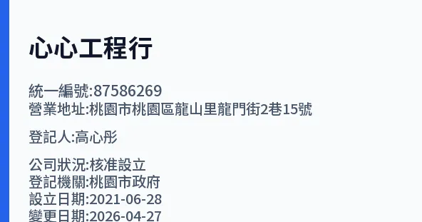 心心工程行的照片-統編 87586269(桃園市) 公司登記資料與營業項目詳細圖表