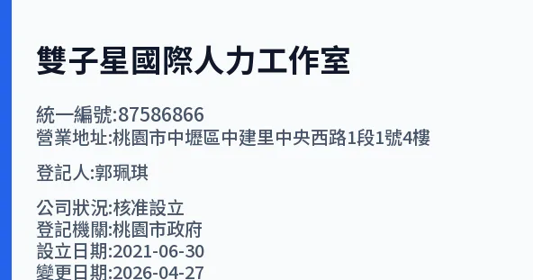 雙子星國際人力工作室的照片-統編 87586866(桃園市) 公司登記資料與營業項目詳細圖表