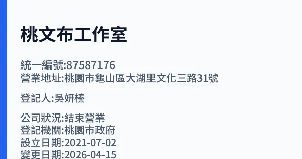 桃文布工作室的照片-統編 87587176(桃園市) 公司登記資料與營業項目詳細圖表
