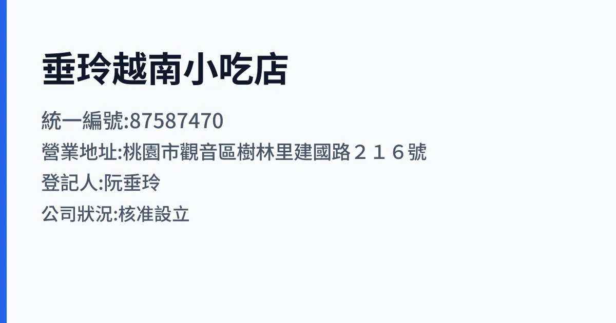 垂玲越南小吃店 - 統編 87587470(桃園市) 公司登記資料與營業項目詳細圖表
