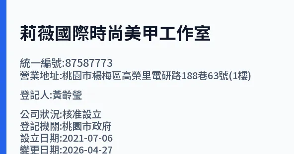 莉薇國際時尚美甲工作室的照片-統編 87587773(桃園市) 公司登記資料與營業項目詳細圖表