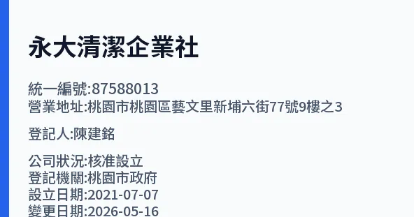 永大清潔企業社的照片-統編 87588013(桃園市) 公司登記資料與營業項目詳細圖表