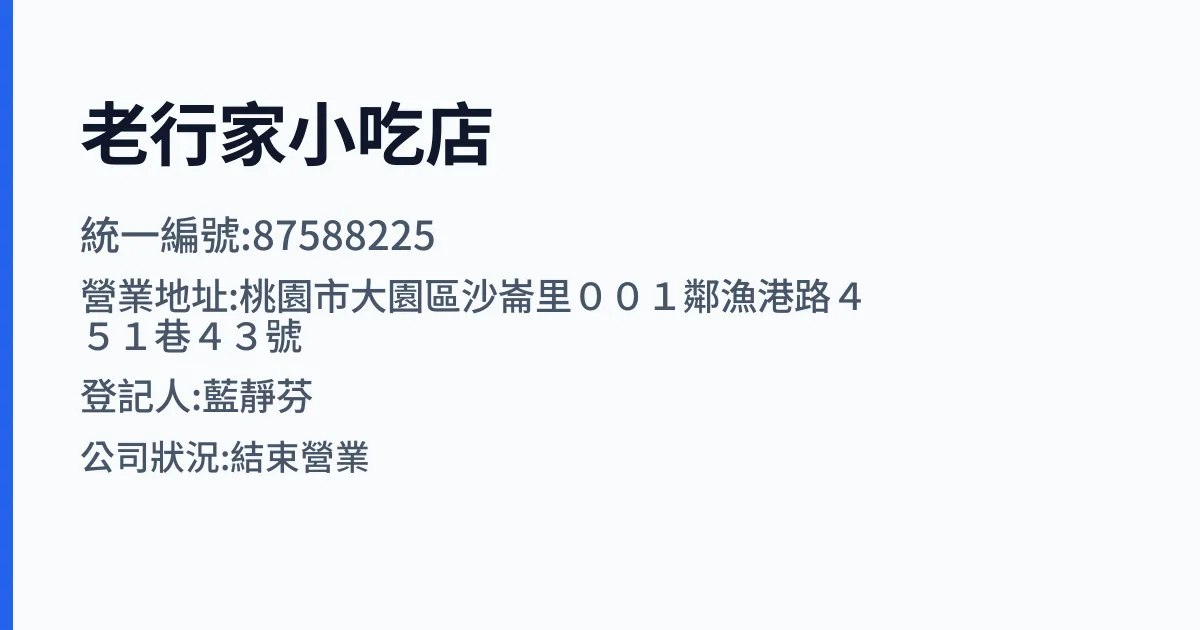 老行家小吃店 - 統編 87588225(桃園市) 公司登記資料與營業項目詳細圖表