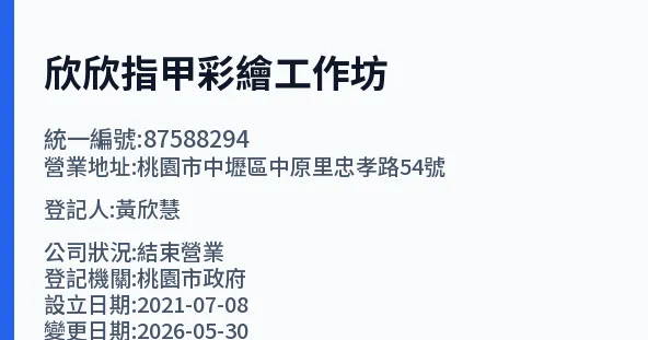 欣欣指甲彩繪工作坊的照片-統編 87588294(桃園市) 公司登記資料與營業項目詳細圖表