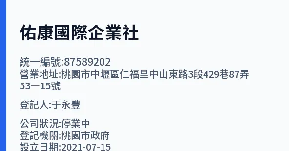 佑康國際企業社的照片-統編 87589202(桃園市) 公司登記資料與營業項目詳細圖表