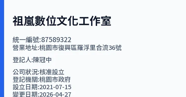 祖嵐數位文化工作室的照片-統編 87589322(桃園市) 公司登記資料與營業項目詳細圖表