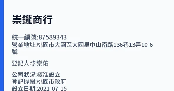 崇鑨商行的照片-統編 87589343(桃園市) 公司登記資料與營業項目詳細圖表
