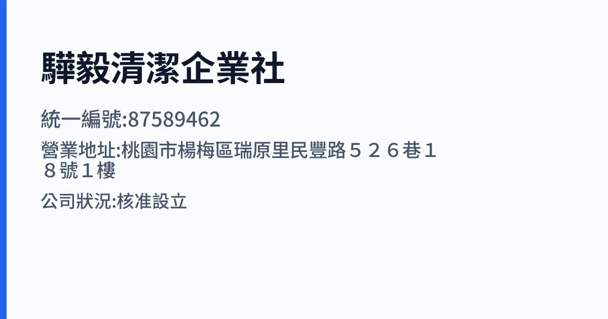 驊毅清潔企業社 - 統編 87589462(桃園市) 公司登記資料與營業項目詳細圖表
