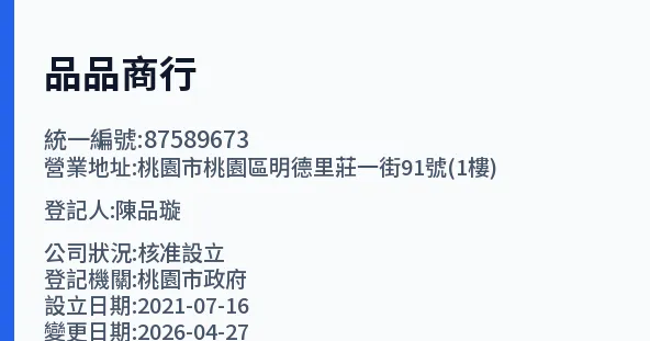 品品商行的照片-統編 87589673(桃園市) 公司登記資料與營業項目詳細圖表