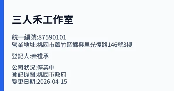 三人禾工作室的照片-統編 87590101(桃園市) 公司登記資料與營業項目詳細圖表