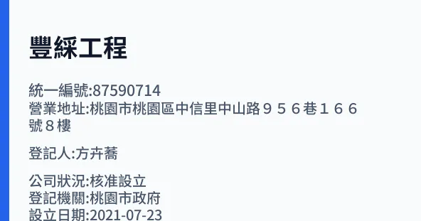 豐綵工程的照片-統編 87590714(桃園市) 公司登記資料與營業項目詳細圖表