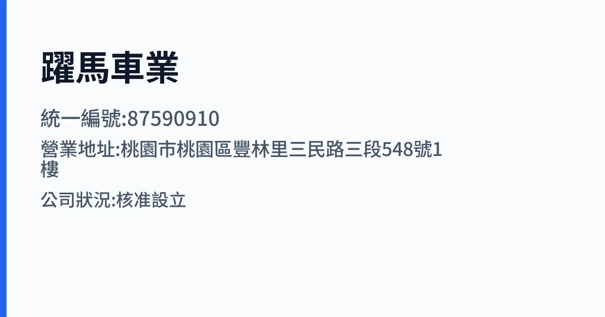 躍馬車業 - 統編 87590910(桃園市) 公司登記資料與營業項目詳細圖表