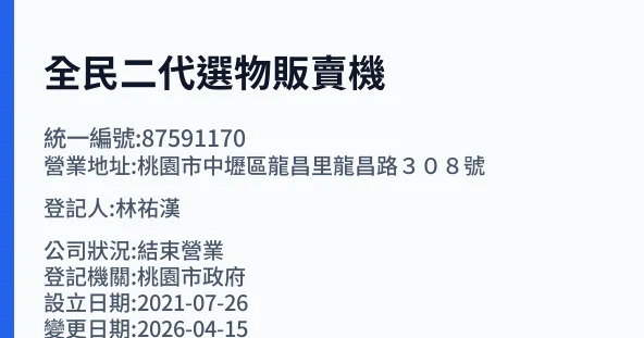 全民二代選物販賣機的照片-統編 87591170(桃園市) 公司登記資料與營業項目詳細圖表