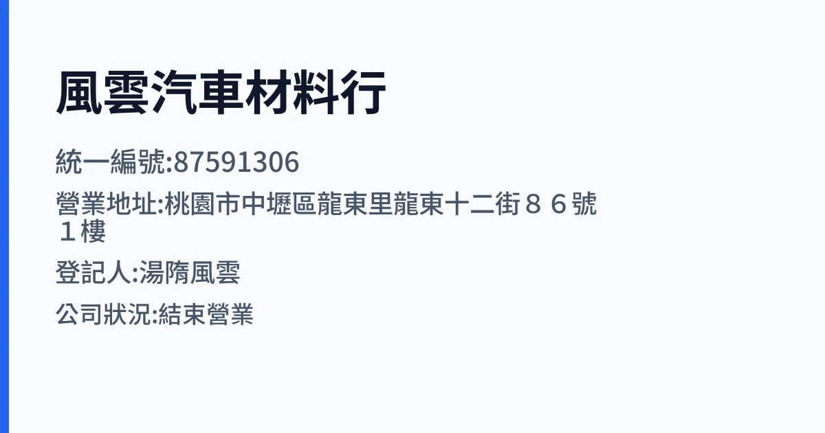 風雲汽車材料行 - 統編 87591306(桃園市) 公司登記資料與營業項目詳細圖表