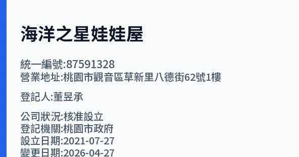 海洋之星娃娃屋的照片-統編 87591328(桃園市) 公司登記資料與營業項目詳細圖表