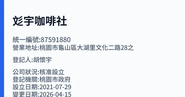彣宇咖啡社的照片-統編 87591880(桃園市) 公司登記資料與營業項目詳細圖表