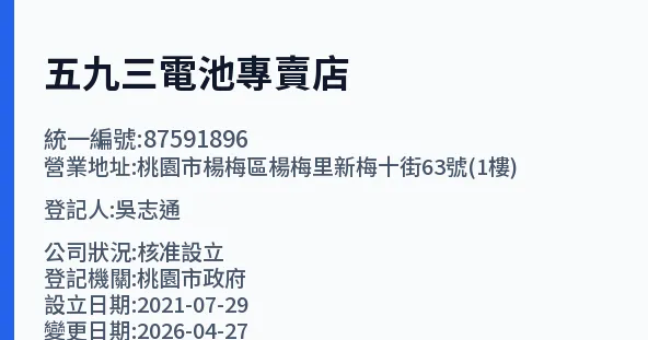 五九三電池專賣店的照片-統編 87591896(桃園市) 公司登記資料與營業項目詳細圖表