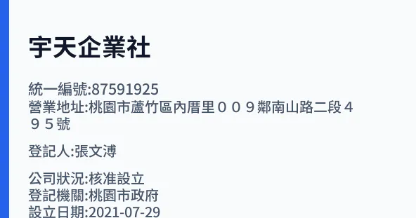 宇天企業社的照片-統編 87591925(桃園市) 公司登記資料與營業項目詳細圖表