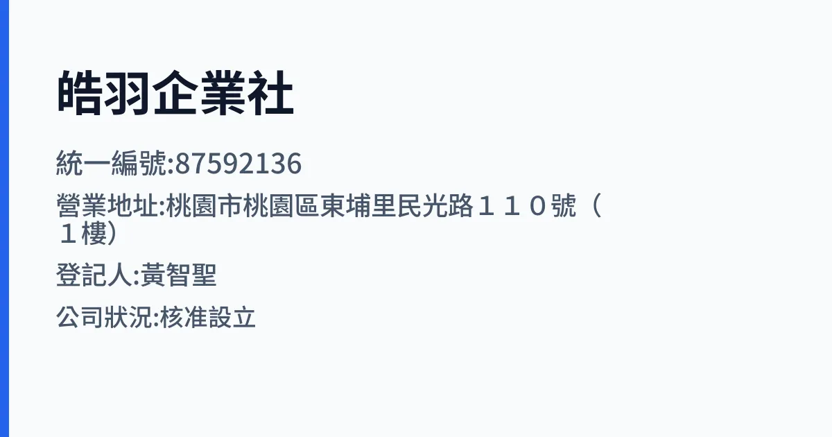 皓羽企業社 - 統編 87592136(桃園市) 公司登記資料與營業項目詳細圖表