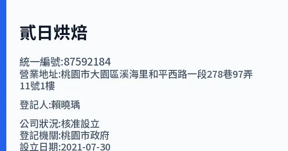 貳日烘焙的照片-統編 87592184(桃園市) 公司登記資料與營業項目詳細圖表