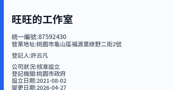 旺旺的工作室的照片-統編 87592430(桃園市) 公司登記資料與營業項目詳細圖表