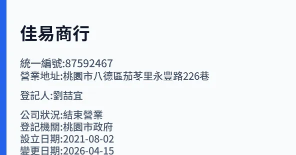 佳易商行的照片-統編 87592467(桃園市) 公司登記資料與營業項目詳細圖表