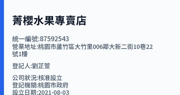 菁櫻水果專賣店的照片-統編 87592543(桃園市) 公司登記資料與營業項目詳細圖表
