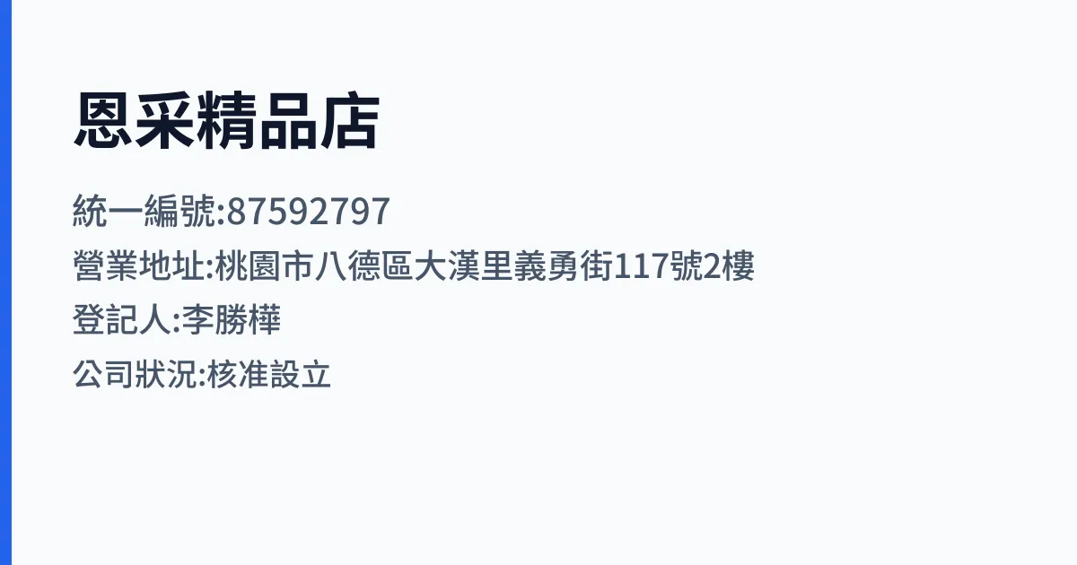 恩采精品店 - 統編 87592797(桃園市) 公司登記資料與營業項目詳細圖表