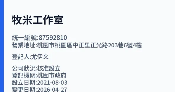 牧米工作室的照片-統編 87592810(桃園市) 公司登記資料與營業項目詳細圖表