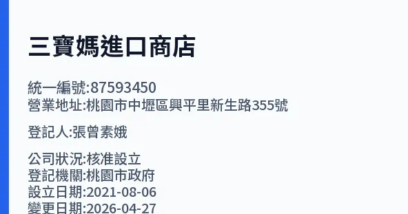 三寶媽進口商店的照片-統編 87593450(桃園市) 公司登記資料與營業項目詳細圖表